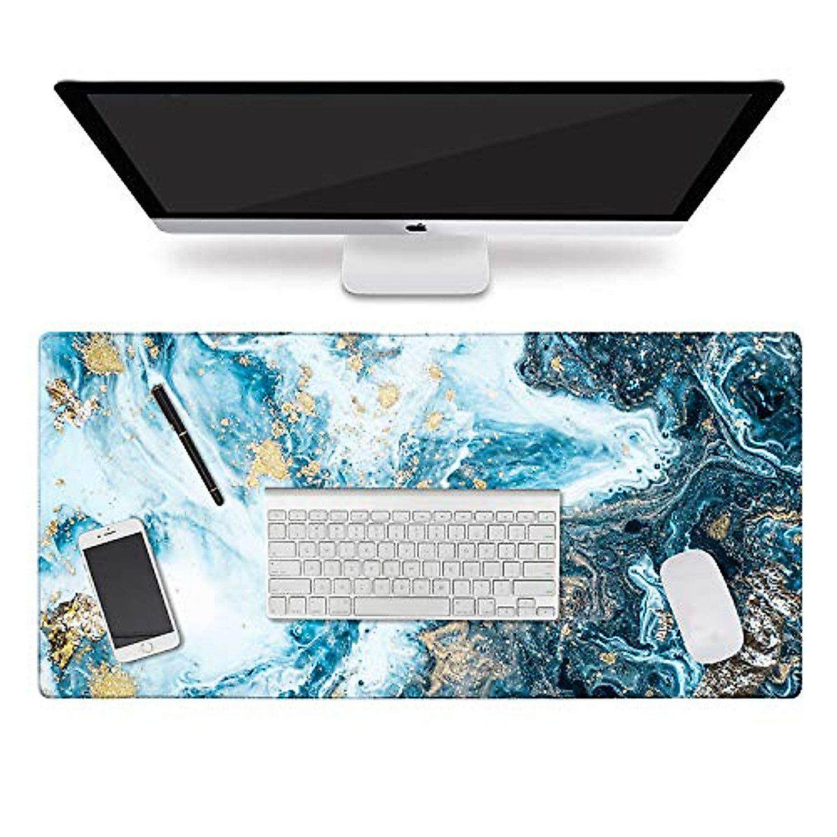 HAOCOO Desk Pad, Gaming Desk Mat,Large Mouse Pad for Desk, Extended Keyboard Mat 31.5" ×15.7", Water-Resistant Computer Mat with Non-Slip Rubber Base for Home Office Decor,Blue Mixed Marble