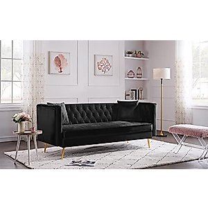 EMKK Small Velvet 2-Seater Couch with Pillows, Loveseat Accent Sofa, Living Room Sofá with Tufted Backrest, Black