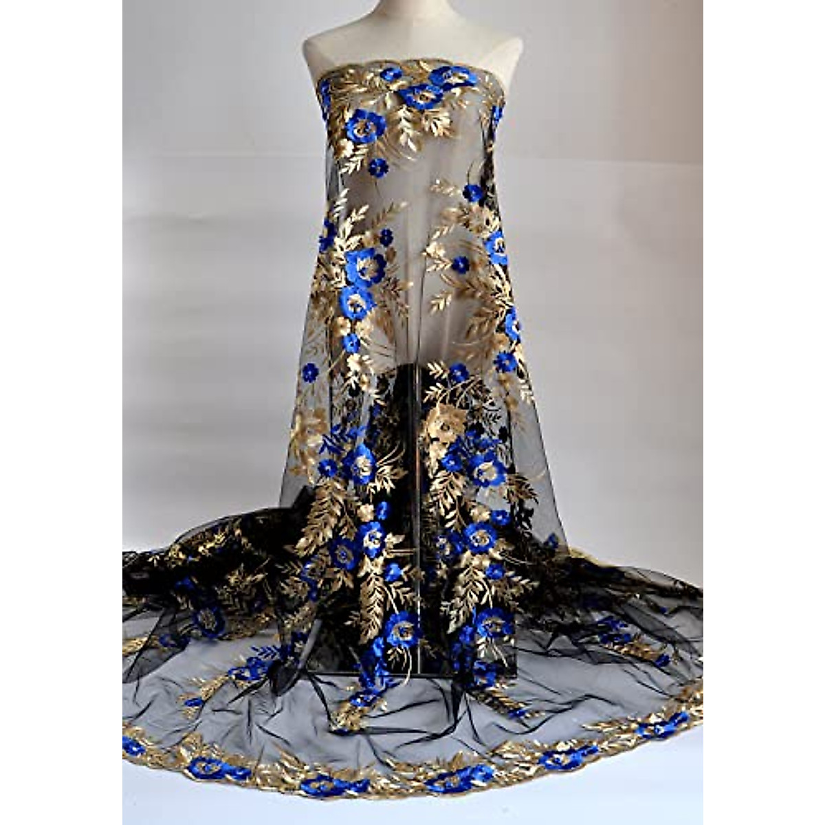 African Fabric Net Fabrics Embroidery Beaded Nigerian Embroidered Lace Fabric for Party Dress (Blue) 5 Yards 2205-6