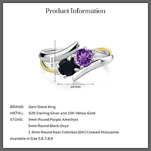 Gem Stone King 925 Sterling Silver and 10K Yellow Gold Purple Amethyst and Black Onyx Ring For Women (0.97 Cttw, Round 5MM, Gemstone Birthstone, Available In Size 5, 6, 7, 8, 9)