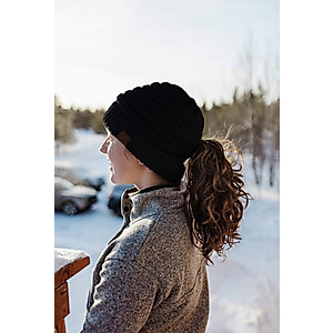 Funky Junque Criss Cross Hat Womens Beanie Tail Messy Bun High Ponytail Knit Cap - Black