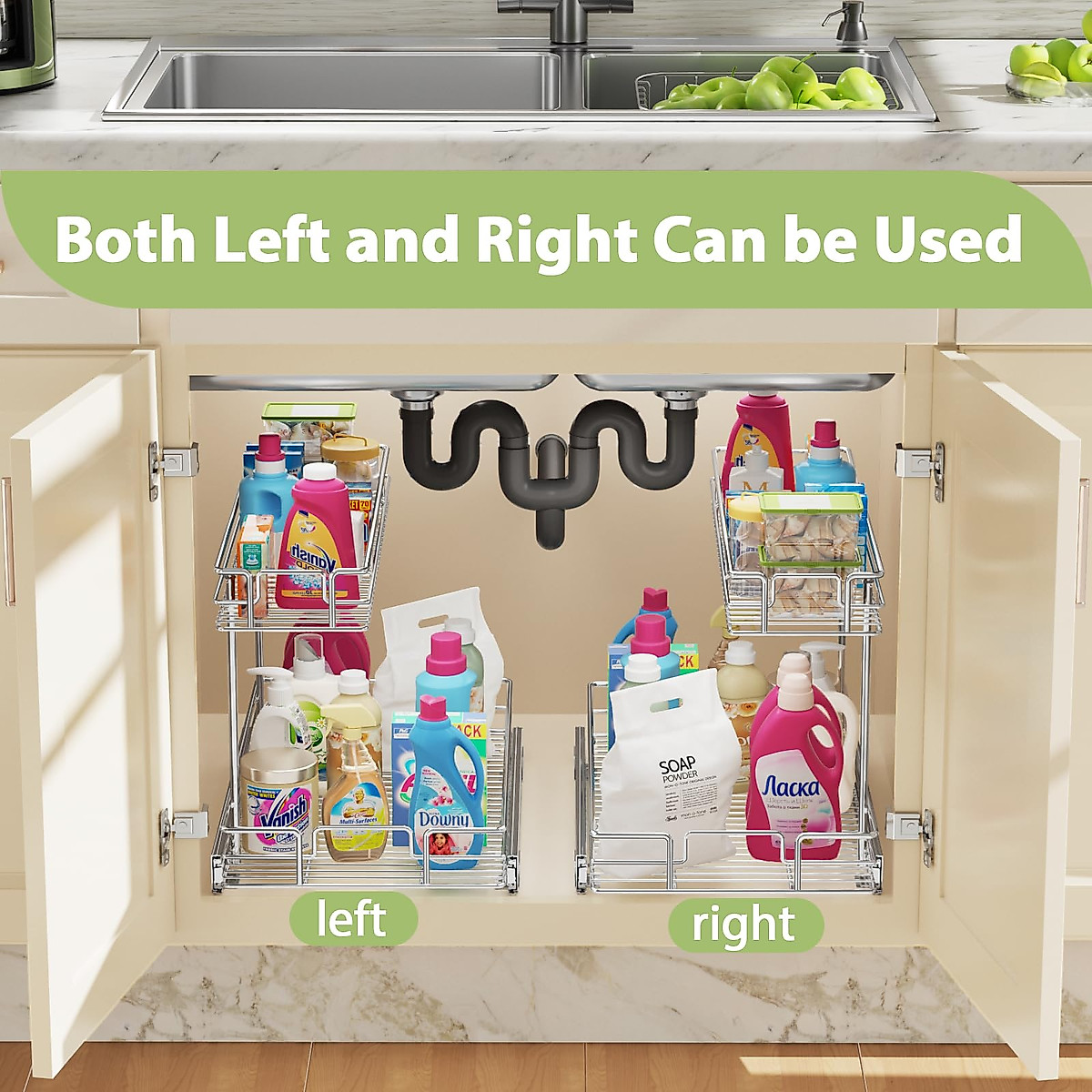 LOVMOR 2 Tier Pull Out Cabinet Organizer 10.5" W x 16.5" D Slide Out Under Sink Organizer Sliding Wire Shelves Storage for Kitchen Bathroom Cabinets