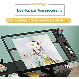Adjustable Glass Drafting Table,Versatile Art Study Table,with Storage Drawers,Art Studio Design Sketching Painting Work Station