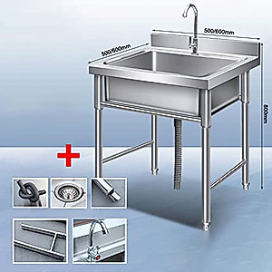 MARQI Commercial Catering Sink, Freestanding Stainless Steel Single Bowl Sink W/Faucet, Kitchen Restaurant Hotel Storage Shelf