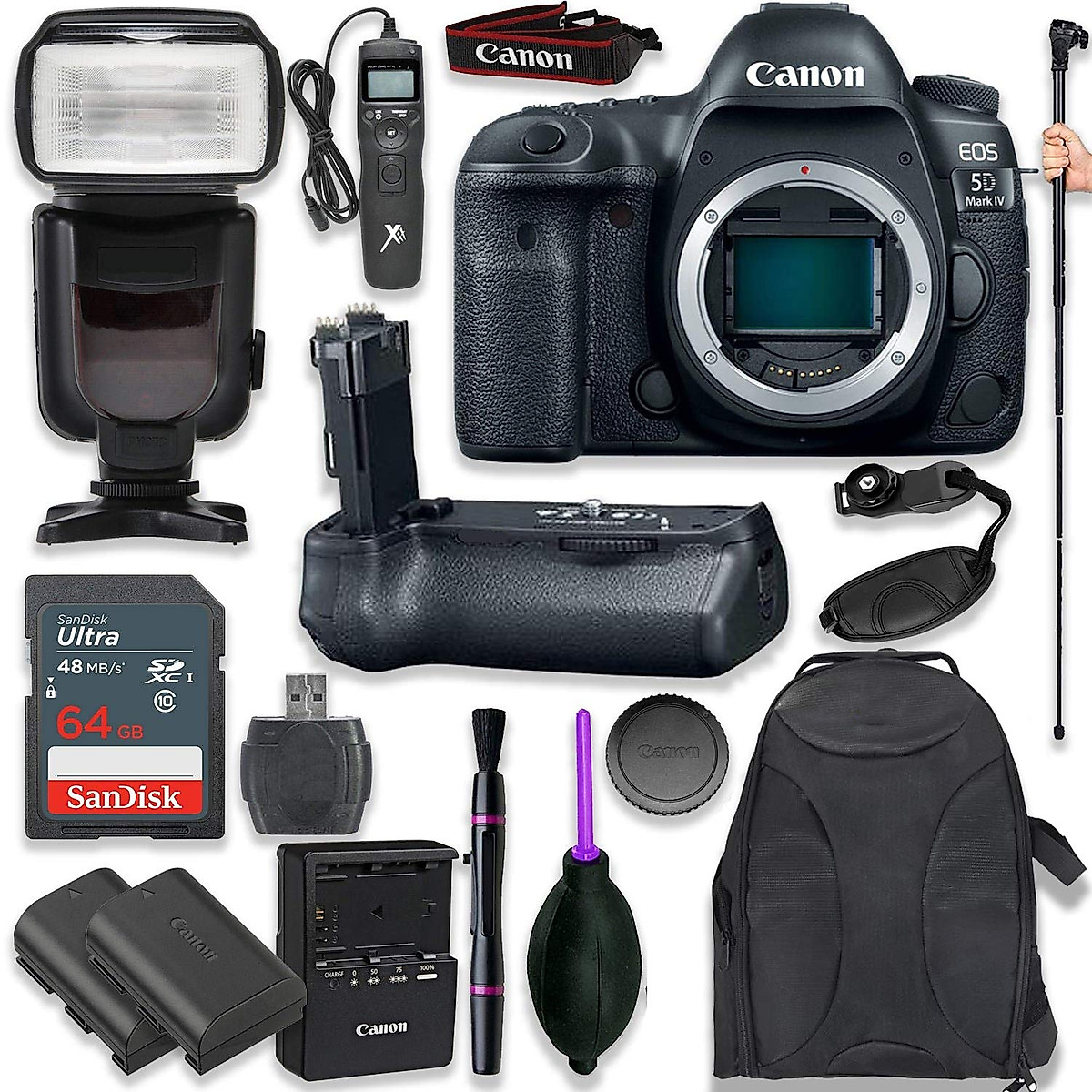Canon EOS 5D Mark IV Digital SLR Camera Body with Pro Camera Battery Grip, Professional TTL Flash, Deluxe Backpack, Universal Timer Remote Control, Spare LP-E6 Battery (16 Items)