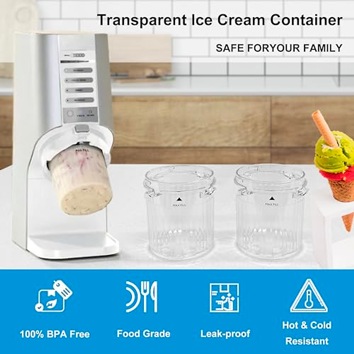 CUTIECLUB 4 Ice Cream Pint Containers and Lids for Ninja CREAMi Breeze NC100 & NC200 Series CREAMi Ice Cream Makers, and Stainless Steel Ice Cream Scooper with Trigger Release Set