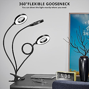 Juhefa Clip on Light, USB Powered LED Desk Lamp with Gooseneck for Reading in Bed, Headboard, Office, Makeup, 10-Level Dimmable, 3 Colors Changable (with Adapter)