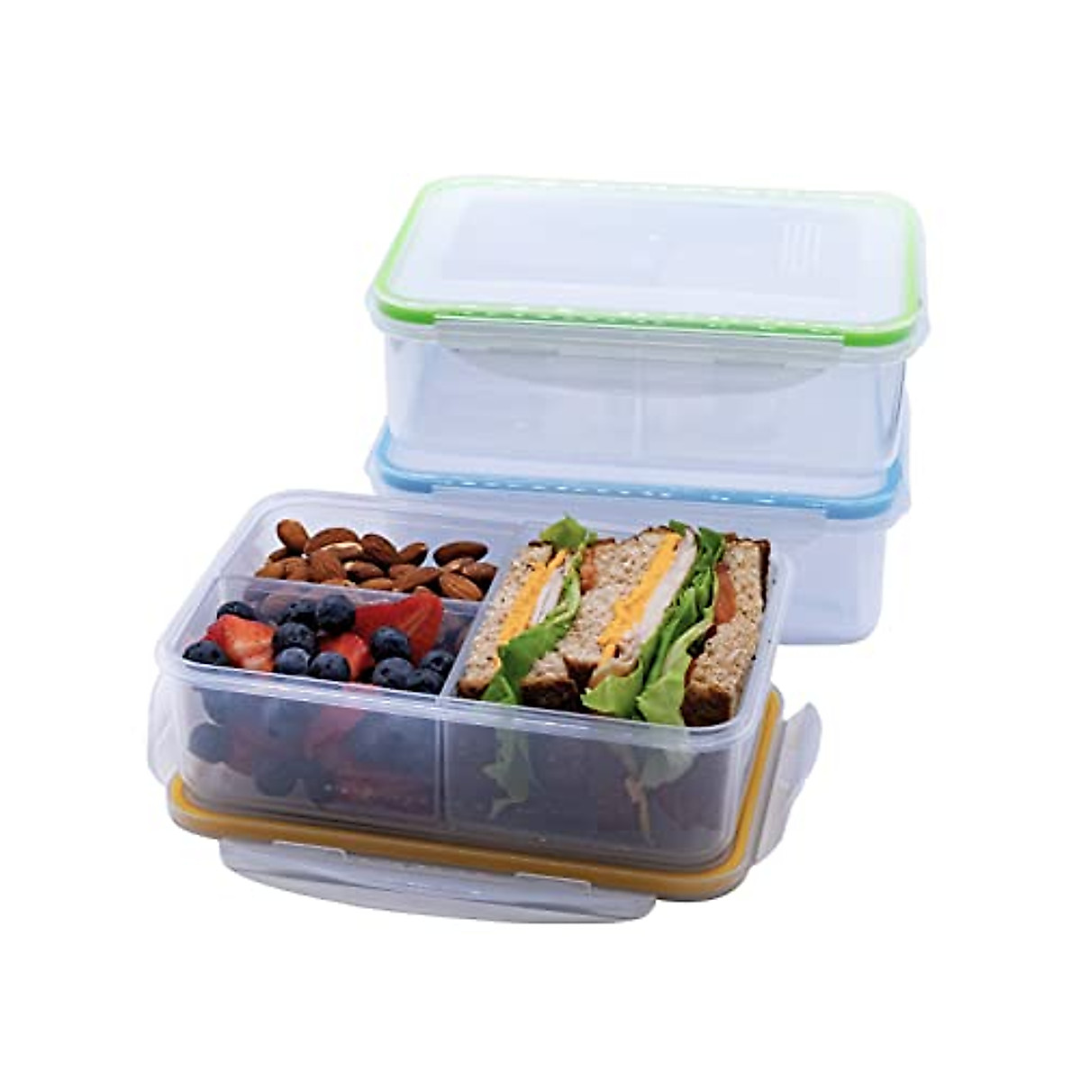 Kitchen & Cabana Set of 3 - Bento Lunch Boxes (3 Removable Compartments) - Snap Shut & Lock Closed, Leak Proof Food Containers, Multi-Colored. Perfect for Work, Travel and Anytime You're on the Go.