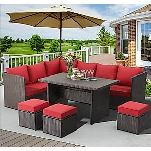 Generic 7 Piece Patio Conversation Set, Outdoor Sectional Sofa Rattan Wicker Dining Furniture, Gray (Red), dd1123