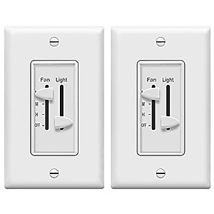 ENERLITES 3 Speed Ceiling Fan Control and Dimmer Light Switch, 2.5A Single Pole Light Fan Switch, 300W Incandescent Load, No Neutral Wire Required, 17001-F3-W, White, 2 Pack…