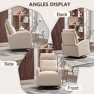 LUCKHAO Swivel Rocking Chair，Nursery Swivel Glide Armchair Linden Fabric Upholstered Modern Rocking Chairs with High Backrest for Nursery, Bedroom, Living Room（Beige