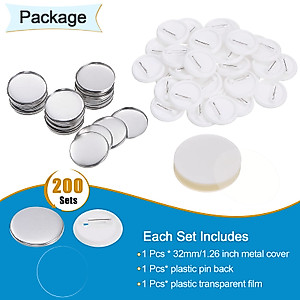 MECCANIXITY Blank Pin Back Button Parts, 32mm 1.26 Inch, 200 Set Sewing Buttons Round Metal Cover Plastic Button Back Clear Film for Button Maker Machine