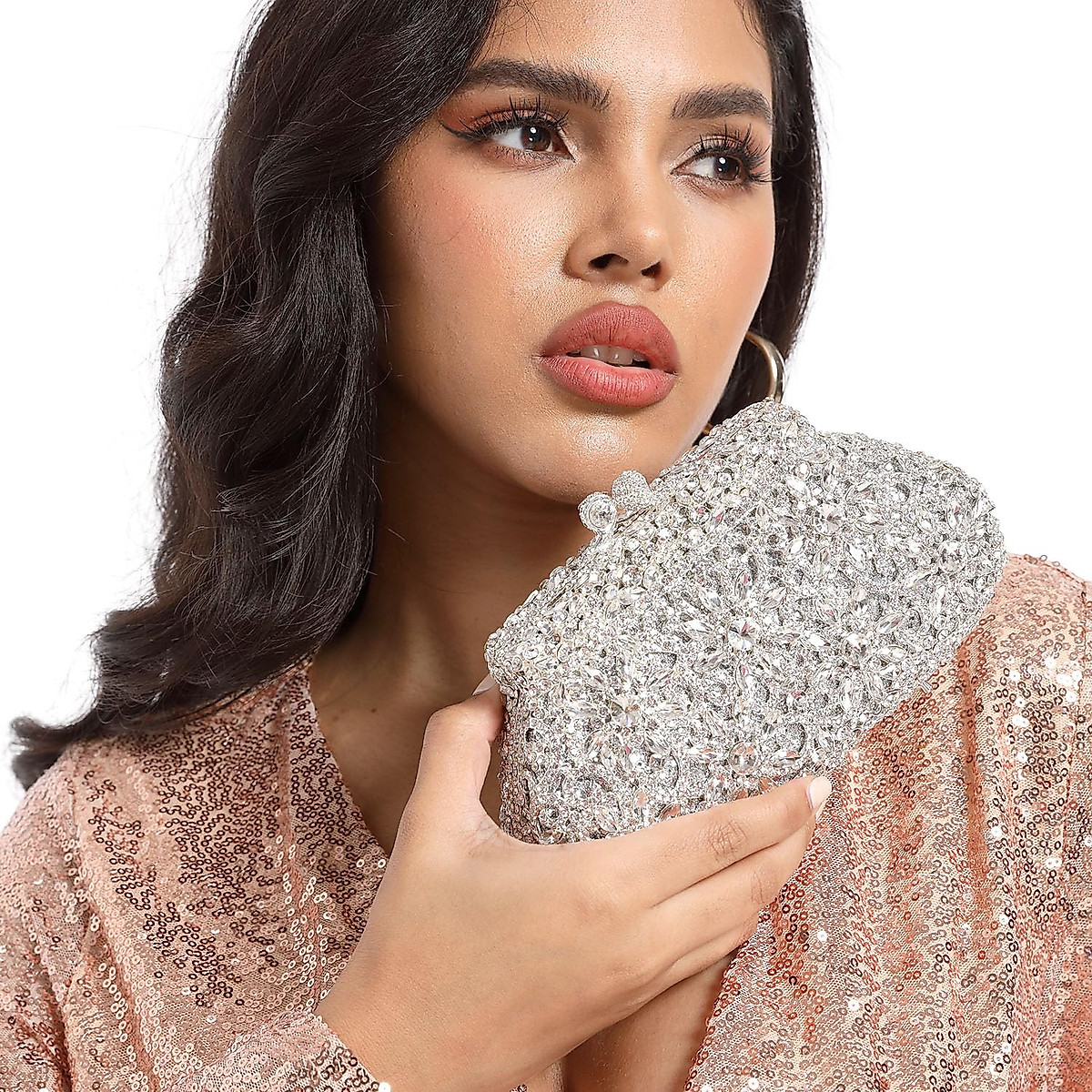 Boutique De FGG Women Crown Minaudiere Handbags Formal Evening Bags Flower Crystal Clutch Purses Wedding Clutch Bag,Mini,Brown