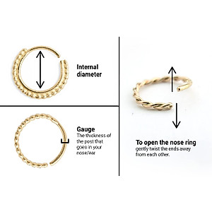 14k Nose Ring, 22g Solid Yellow Real Gold Nose Ring, Twisted Rope Piercing Jewelry, Nose Hoop, Minimalist Dainty Tribal Handmade Boho Piercing Jewelry, 7.5mm