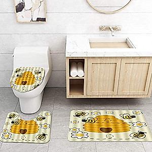 LOSUMIGE Shower Curtain Sets with Non-Slip Rugs,Toilet Lid Cover and Bath Mat,Bumblebee Hive Waterproof Bath Curtains Hooks Included
