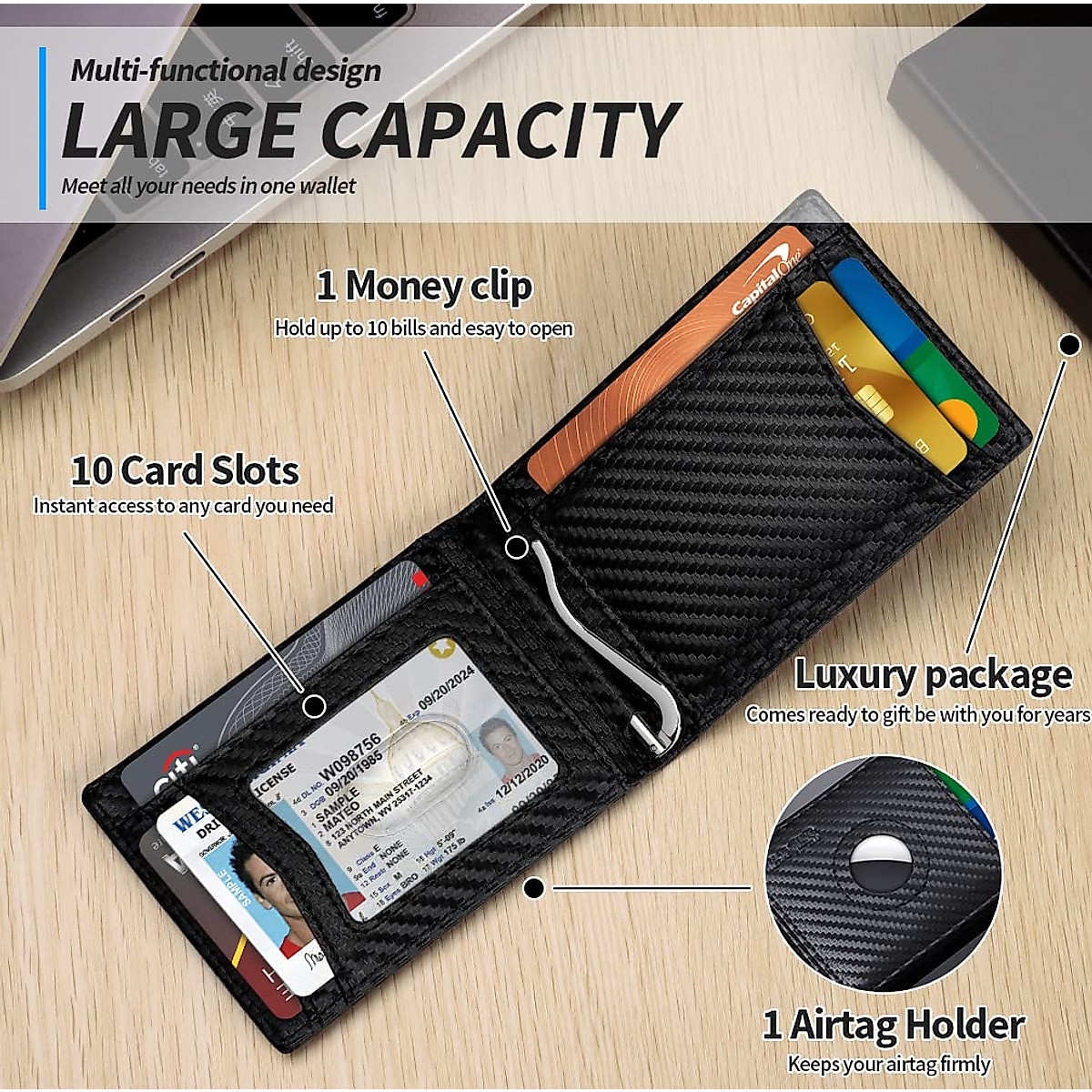 SIMBOOM Airtag Wallet Men, Slim AirTag Wallet Bifold RFID Blocking with Money Clip Multiple Cards Pocket, Gifts for Mens(Carbon Black)