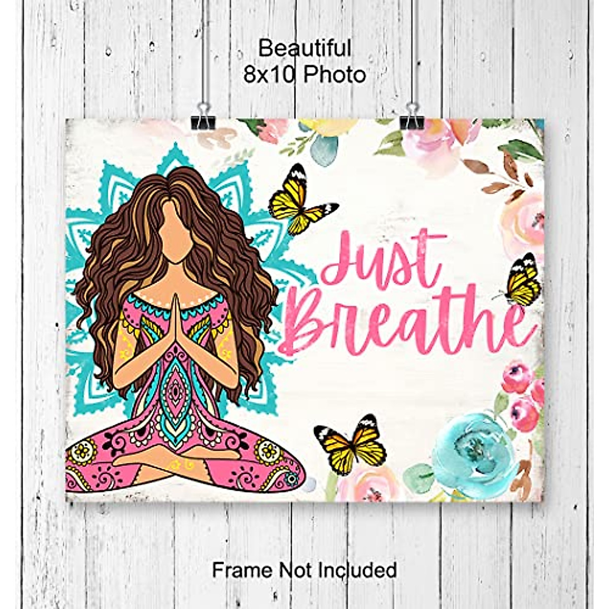 Just Breathe Wall Art - Boho-chic Wall Art for Women - Hippie Zen Wall Art - Positive Spiritual Inspirational New Age Gift - Spa Decor - Shabby chic Namaste Yoga Wall Art Picture Print UNFRAMED 8x10