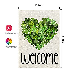 CROWNED BEAUTY St Patricks Day Garden Flag 12x18 Inch Double Sided for Outside Small Burlap Green Shamrocks Clovers Heart Welcome Yard Holiday Decoration CF735-12