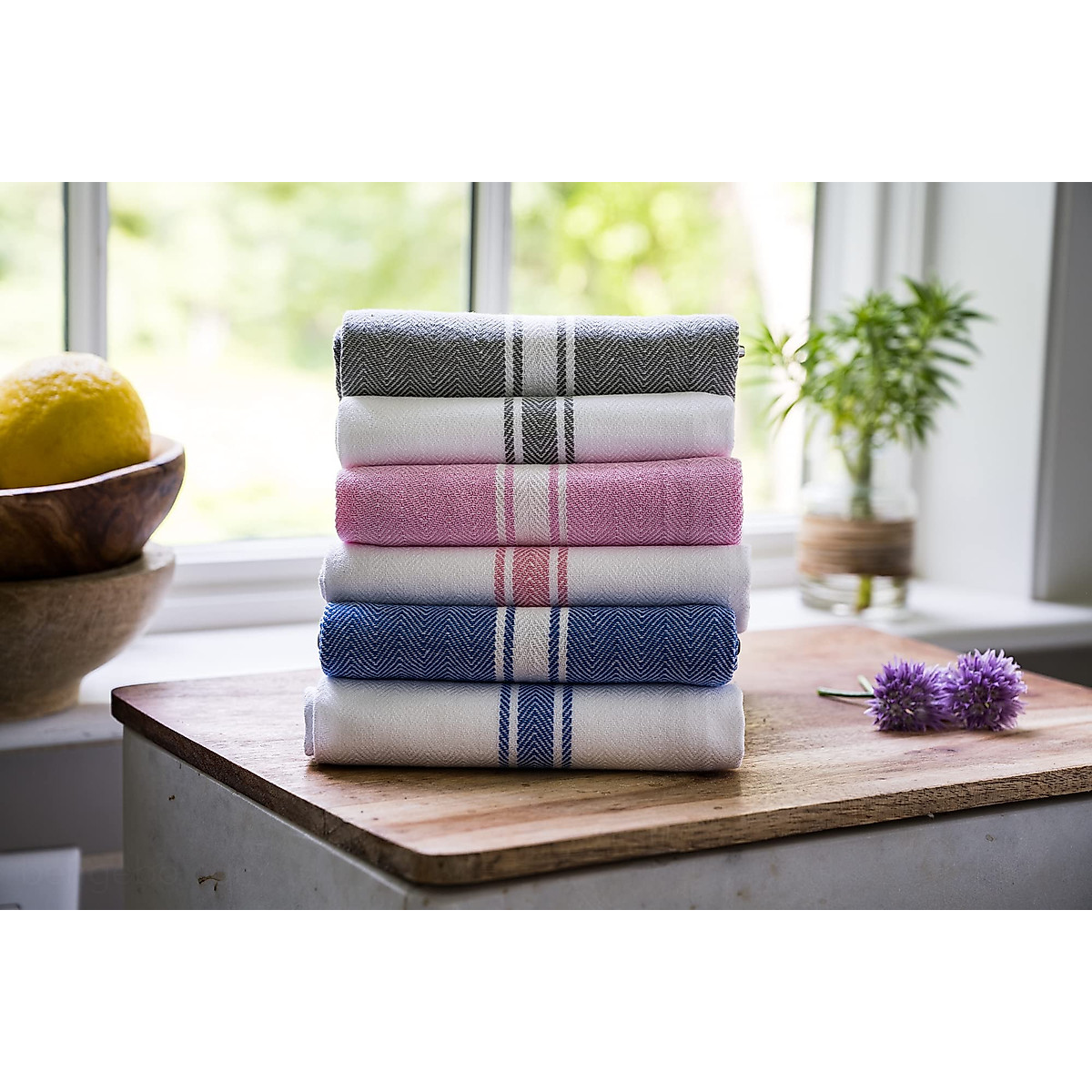NITRAA Kitchen Towels with Herringbone Weave and Center Stripe - 100% Organic Ring Spun Cotton - Reusable Dish Towels - Highly Absorbent and Lint Free - OEKO-TEX Certified -15”x 26” - Set of 12 (Blue)