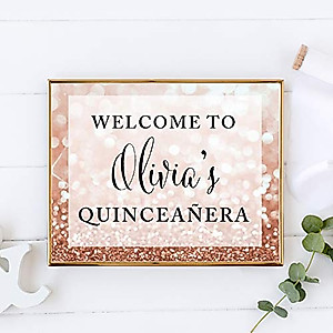 Andaz Press Personalized Glitzy Faux Rose Gold Glitter 8.5-inch Party Sign, Welcome to Olivia's Quinceañera, 1-Pack, Custom Name, 15th Birthday Mis Quince Quinceanera