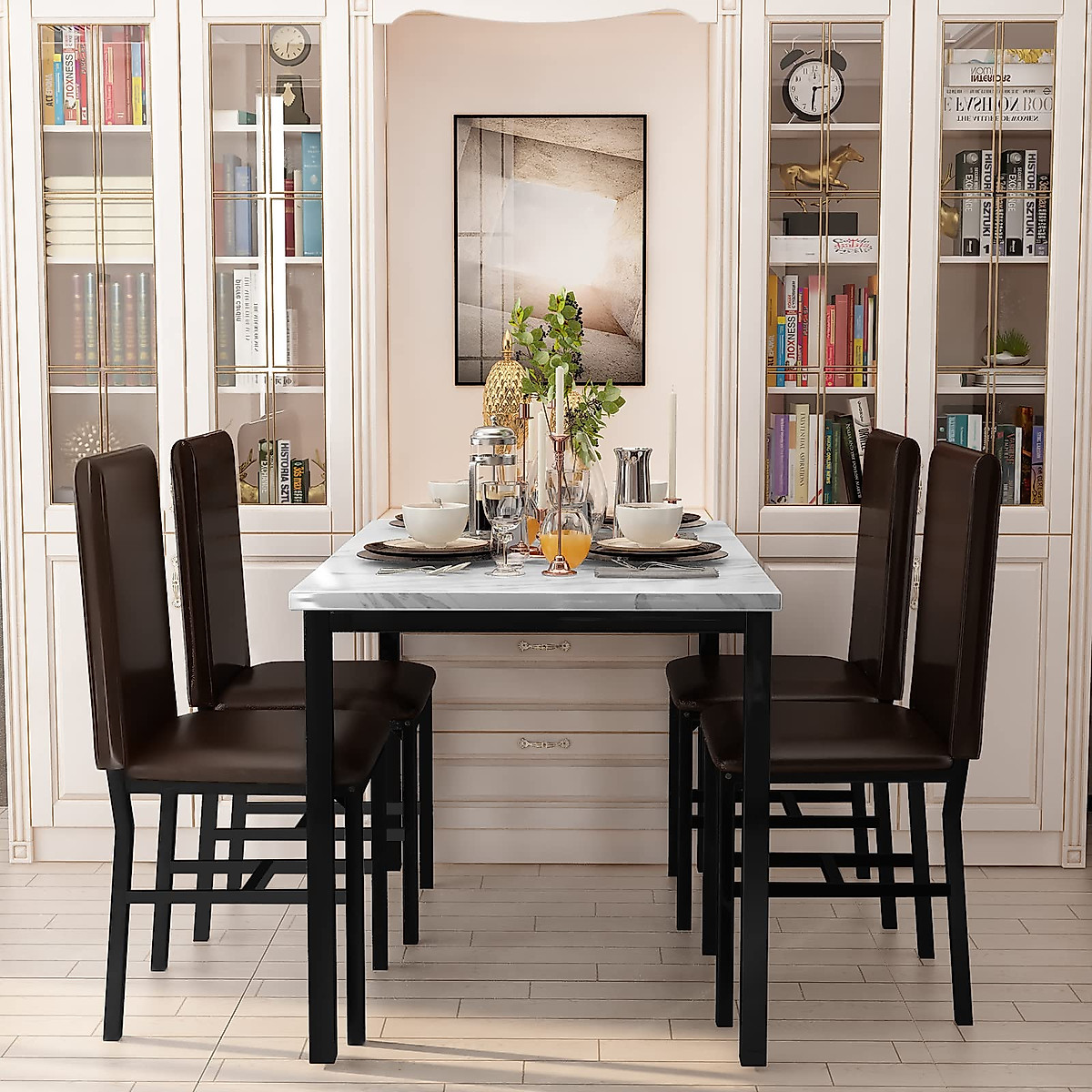 AWQM 5 Piece Dinning Table Sets for 4, Marble Kitchen Table and Chairs for 4,Dining Room Table Set with PU Leather Chairs,Faux Marble Dining Set for Small Spaces,Living Room,White+Brown