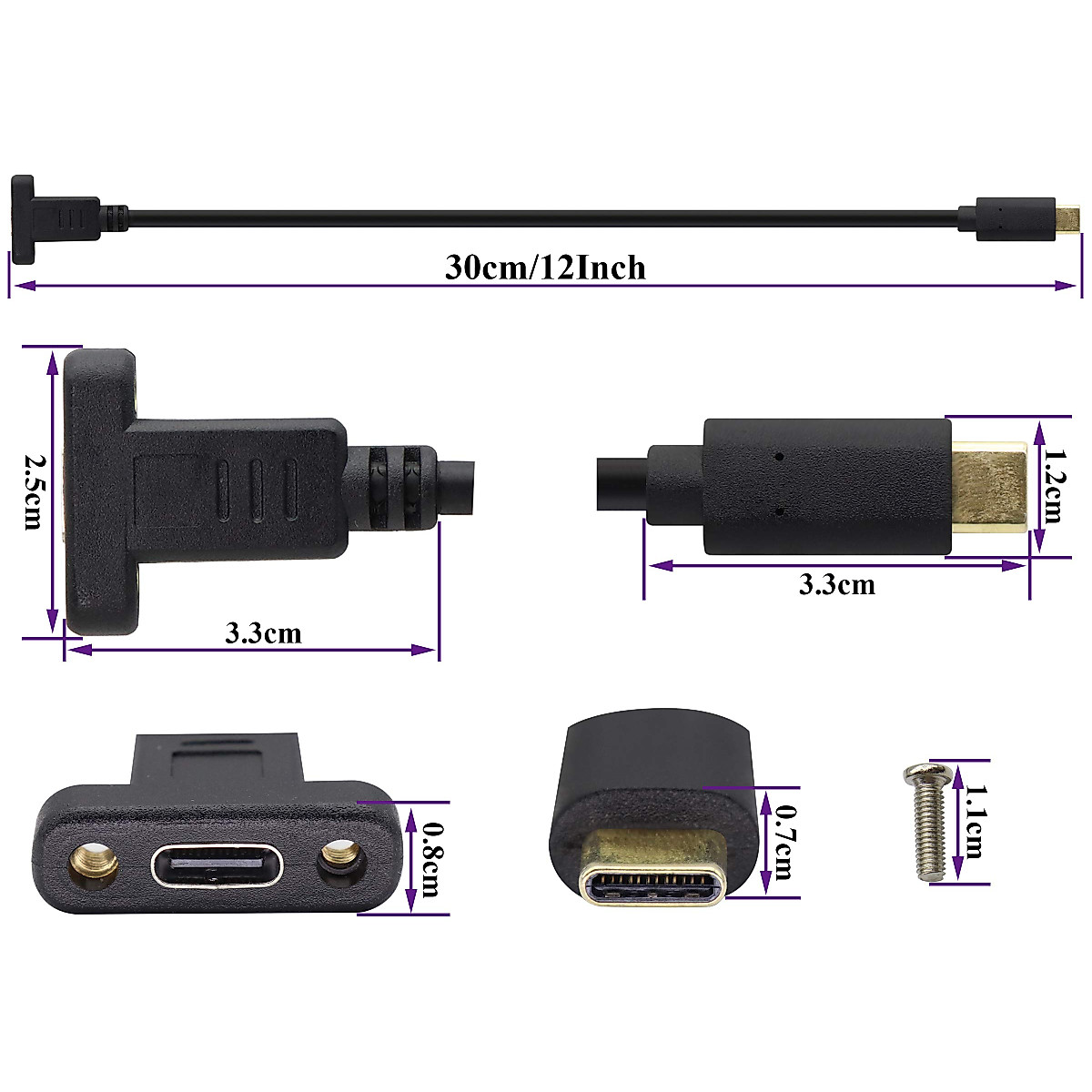 AAOTOKK USB Type C 3.1Panel Mount Adapter Cable USB-C 3.1 Gen2 10Gbps Male to USB C Female Panel Mount Screw Cable,Supports Charging,Data,Audio,Video Cable for Laptop,Tablet,Mobile Phone(0.3M/1ft)