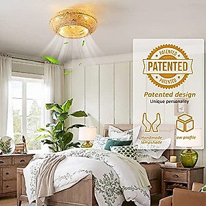 hummingbird Boho Ceiling Fan with Lights Flush Mount, 20 Inch Rattan Caged Ceiling Fans with Light and Remote Control, Bamboo Enclosed 6 Speeds for Bedroom, Living Room