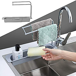 Telescopic Sink Holder,Expandable Storage Drain Basket Rack, Adjustable Expandable Sponge Soap Holder Drainer Sink Tray with Dishcloth Drying Rack for Home Kitchen Sink (Gray)