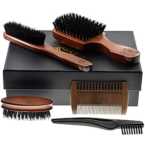 Murai Beard Kit for Men Gift Set Mens Beard Grooming Kit - Military Paddle Hair Brush, Large Handle Beard Brush, Pocket Sized Oval Beard Brush, Wood Beard Comb, and Hairbrush Cleaner (Beard Kit, Soft)