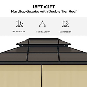 Outsunny 11' x 15' Hardtop Gazebo Canopy with Polycarbonate Roof, Aluminum Frame, Permanent Pavilion Outdoor Gazebo with Netting, for Patio, Garden, Backyard, Deck, Lawn, Beige