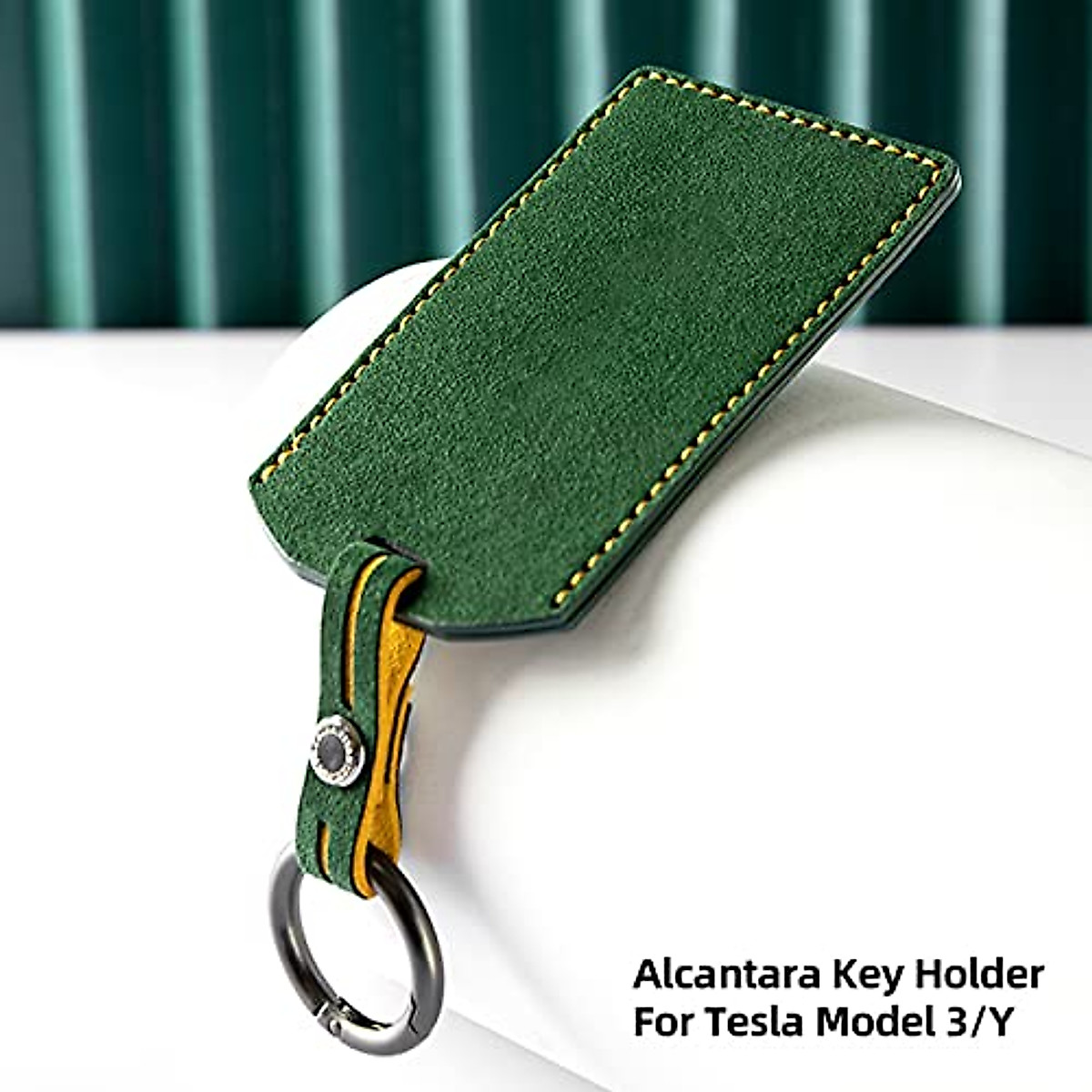 Alfanxi Key Card Holder Case Alcantara Material Key Protector Cover Car Accessories Including Key Chain Compatible with Tesla Model 3 Model Y (Green-A06)