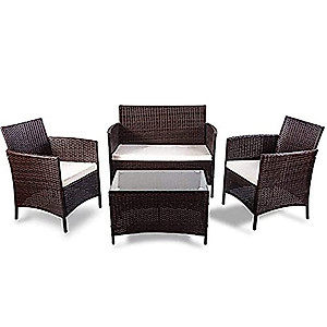 SAWQF Outdoor Furniture Set 4 Piece Rattan Sofa Seating Group with Cushions for Garden Patio Terrace 2 Colors (Color : E)