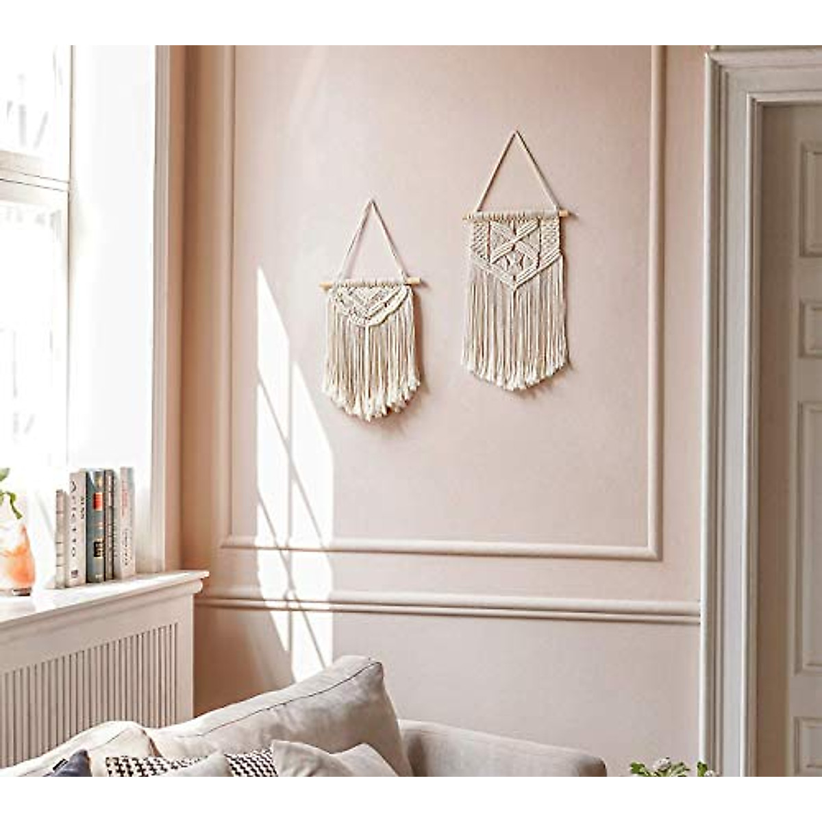 Mkono Macrame Wall Decor 4 Piece Set, 2 Pcs Macrame Wall Hanging Art Boho Wall Decor and 2 Pcs Hanging Shelves Wood Floating Storage Shelf for Bedroom Bathroom Living Room Nursery Dorm Room