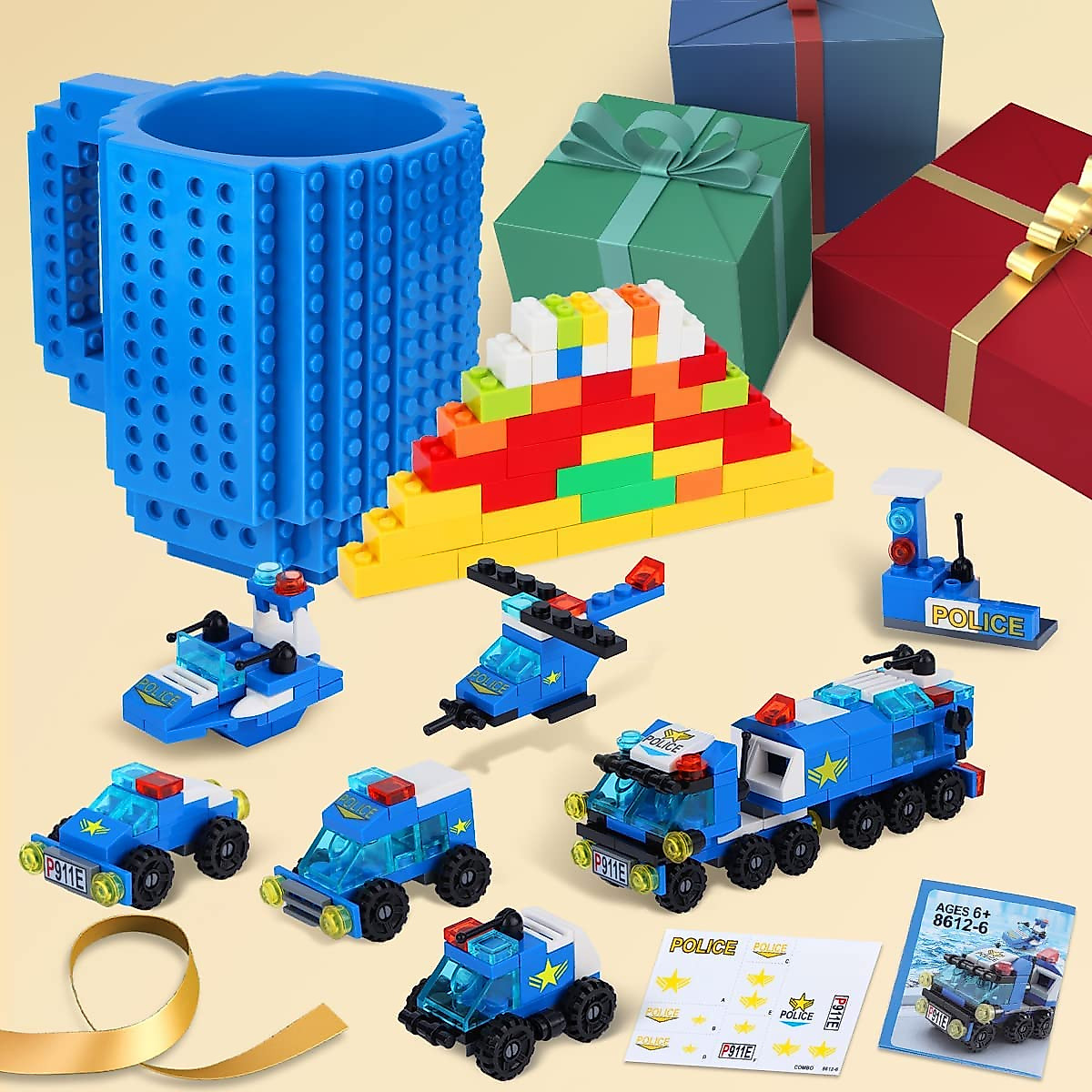 MIMAX Build-on Brick Mug with 180+ Pieces Building Blocks Toys Set for Kids Birthday (Blue-Upgrade)