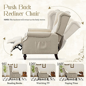 Pushback Recliner Chair, Fabric Armchair Small Recliners Home Theater Seating, Adjustable Modern Reclining Chair for Adults in Living Room (Linen, Beige)