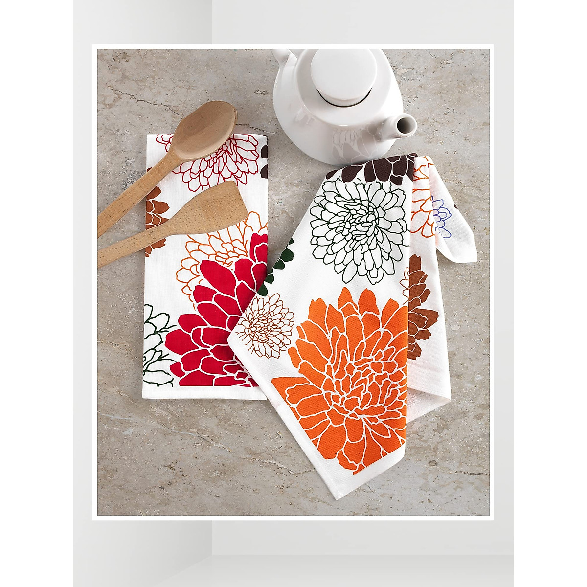 Kitchen Towels - 2-Piece Set of Absorbent Cotton Dishcloths (20x30 in), Durable & Oversized Farmhouse Design with Elegant Floral Pattern, Hanging Loop for Easy Hand & Dish Drying - White