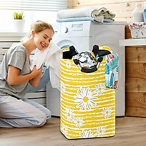 One Bear Flower Laundry Basket Cute Daisy Chamomiles Flowers Floral Yellow and White Stripes Foldable Large Laundry Hamper Bucket with Handles Collapsible Nursery Storage Bin for Kids Clothes Toy