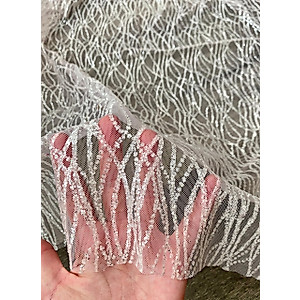 Glitter Wave Lace Fabric by The Yard - Perfect for Wedding Decorations, Bridal Shower, Wedding Tablecloth - Glitter Veil, and Elegant Crafts - 58 inch - 1 Yard (Silver White)