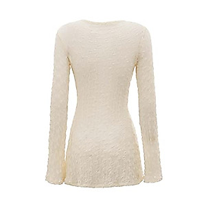 WDIRARA Women's Sheer Mesh Deep V Neck Tie Front Long Sleeve See Through Top Beige L