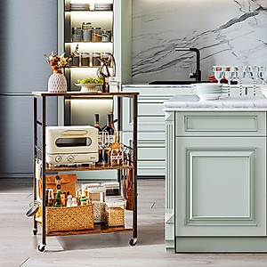 IBUYKE Kitchen Shelf Cart, 3-Tier Microwave Oven Stand, Baker’s Rack with Metal Frame and 8 Hooks, Industrial Printer Stand, Utility Standing Storage Shelf for Coffee Bar, Simple Assembly, TMJ023H