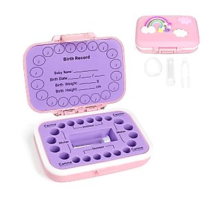 Vewye Baby Tooth Box Kids Keepsake Organizer Cute Children Tooth Fetal Hair Container with English Mark (Rainbow-Pink)