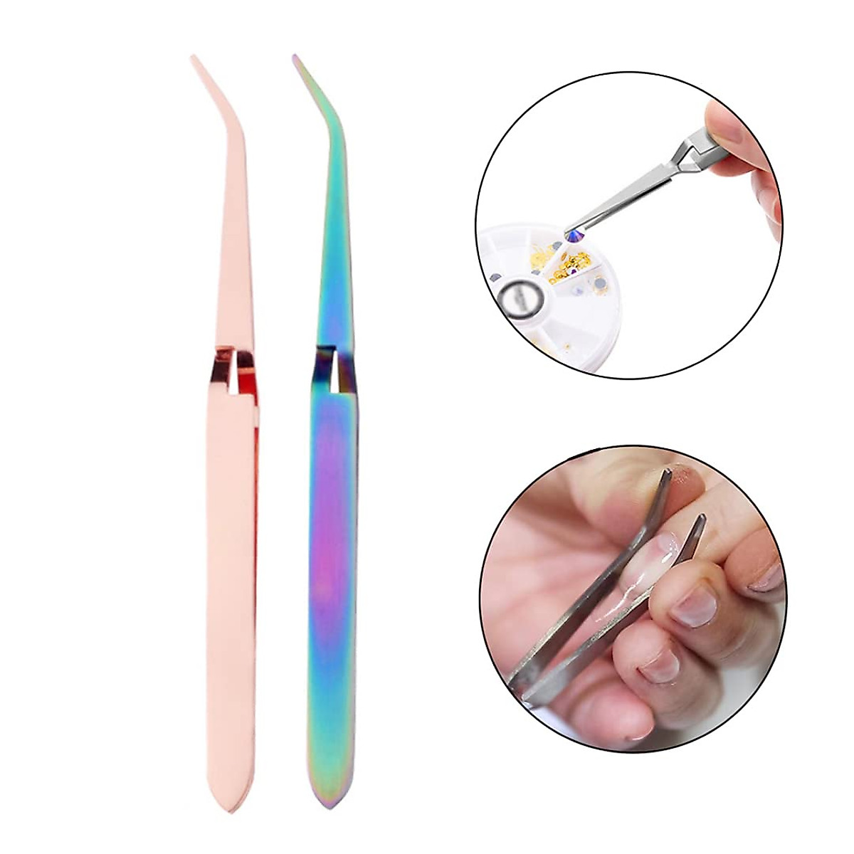 Jualyue Nail Art Tweezers Set Stainless Steel Tip C Curve Pinchers Sculpture Clip Manicure Pointed Slant Tool for Nail Art 2pcs, Curved Nail Tweezers, Nail Tweezers Nipper, Nail Tweezers