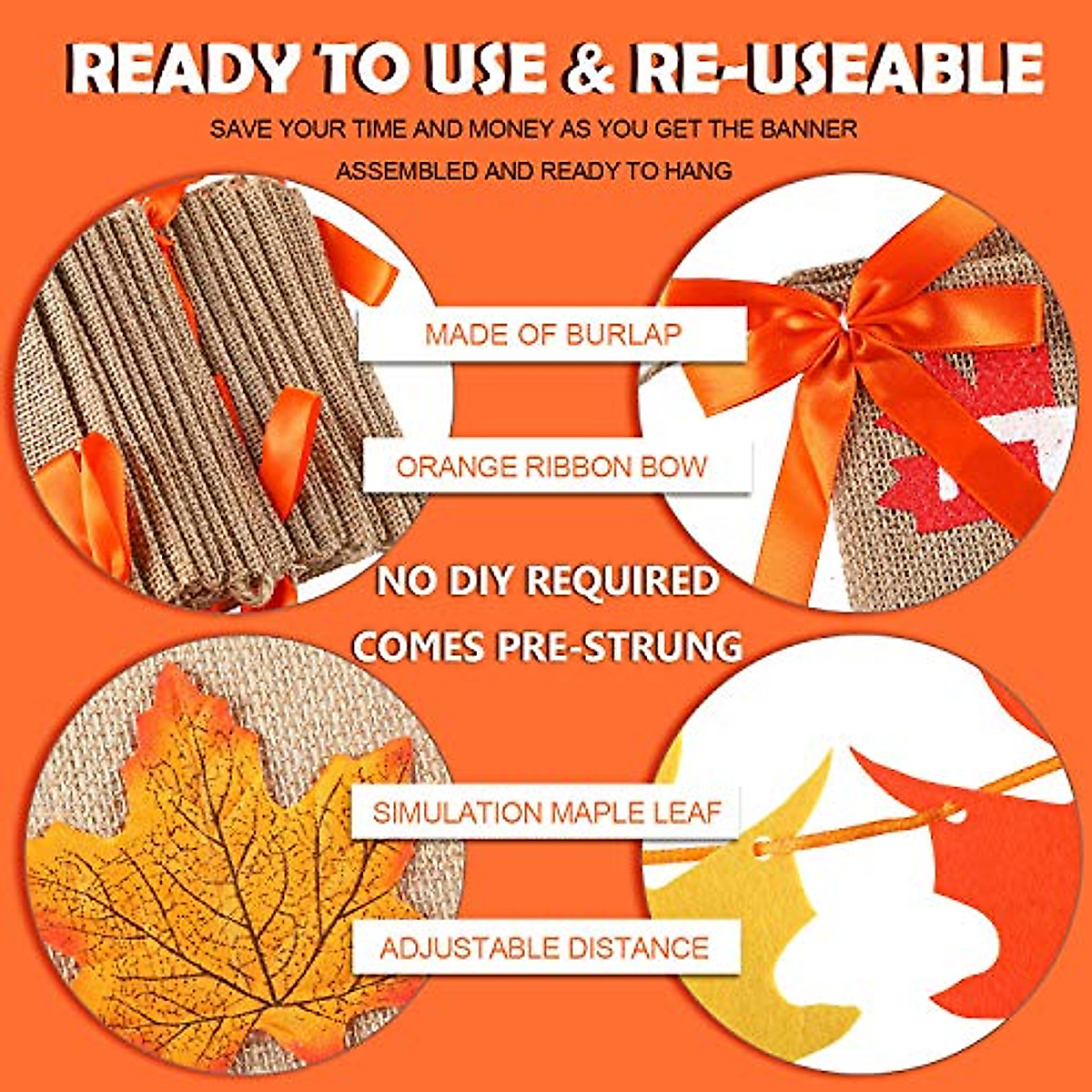 4 Pieces Thanksgiving Fall Decorations Burlap Thankful Banner Happy Fall Banner Pumpkins Maple Leaves Acorn Banner Felt Maple Leaves Garland Banner for Thanksgiving Decorations