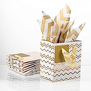 12 Pcs Small Gift Bags Mini Metallic Paper Bags with Handle Tag and Tissue, Wrap Bag for Birthday Wedding Christmas Holiday Baby Shower, 4 x 2.8 x 4.5 Inch (White Gold)