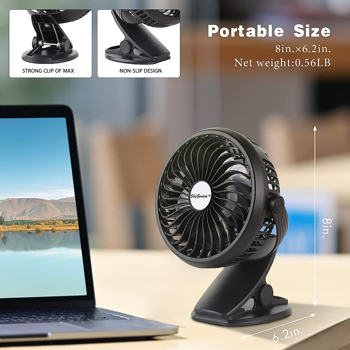BRIGENIUS Battery Operated Stroller Fan, Portable Clip on Mini Desk Fan with 2600mAh Rechargeable Battery, USB Powered Clip Fan for Baby Stroller Office Outdoor Travel