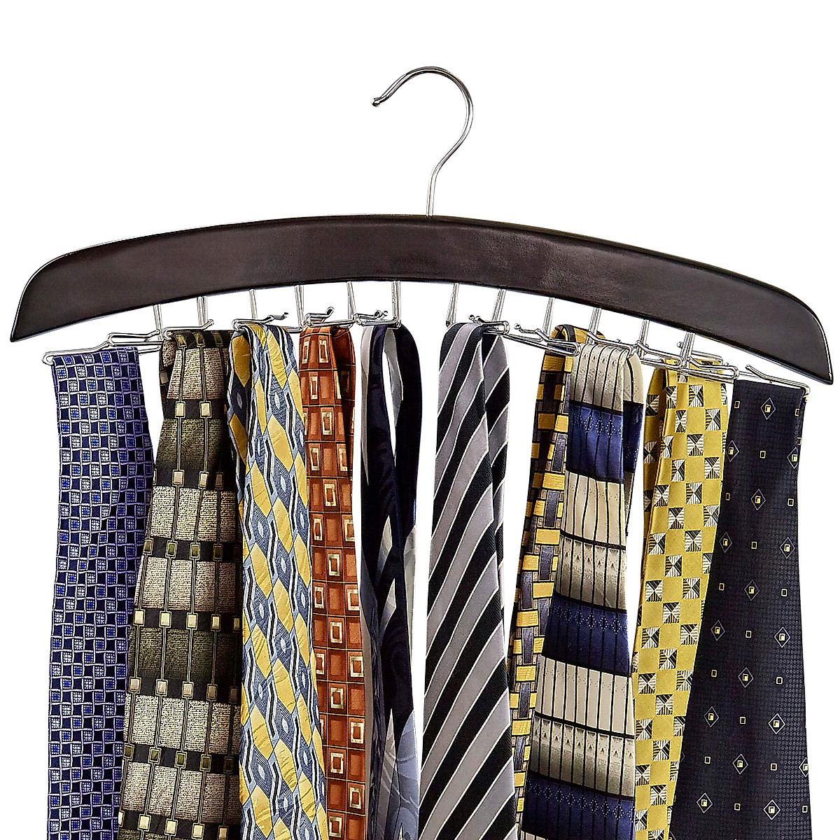 Richards Homewares Wooden Tie Rack Hanging Organizer for Mens Closet Accessories, Space Saving Necktie Holder for Storage and Display, Holds 24 Ties, Walnut Wood with Chrome Accents, Model:75531