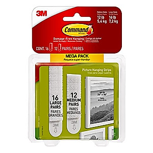 Command Medium and Large Picture Hanging Strips, Damage Free Hanging Picture Hangers, No Tools Wall Hanging Strips for Living Spaces, 12 Medium Pairs and 16 Large Pairs (Pack of 1)