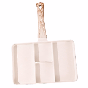 Nonstick 4 Section Divided Pan, Egg Frying Pan Stone Coating Aluminum Alloy Grill Pans Sectional Skillet Grill Pan with Wooden Handle for Breakfast 13.8 Inch (White)