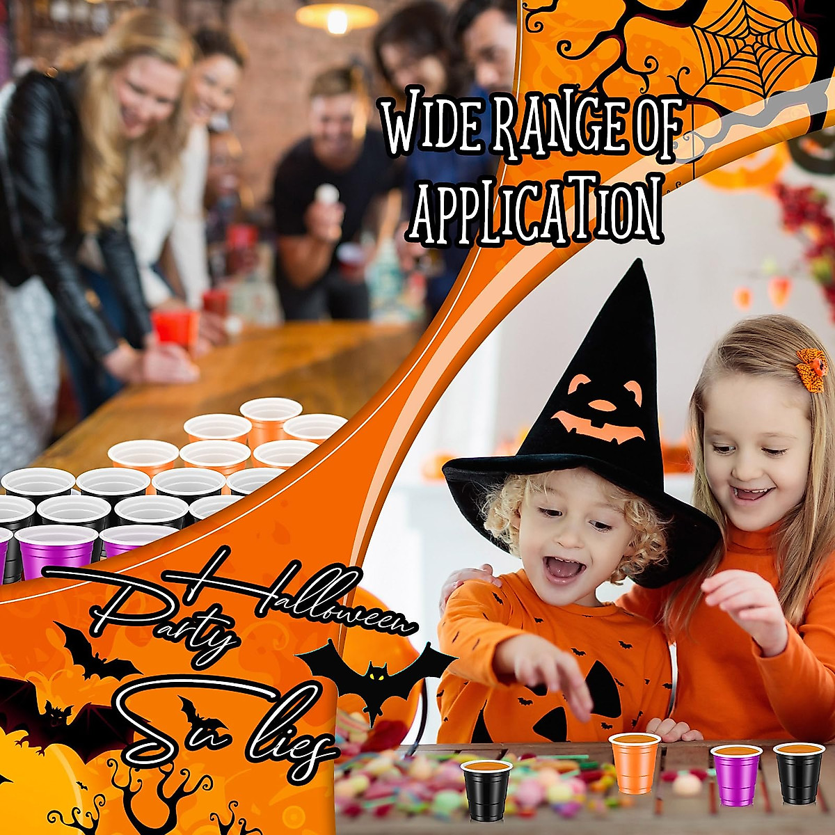 Yinkin Halloween Plastic Shot Glasses Bulk 2 oz Disposable Mini Shot Cups for Halloween Party Supplies Bachelorette Birthday Tasting Serving Samples(Black, Orange, Purple,150 Pcs)