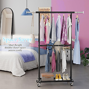 MWQ Double Rod Clothes Garment Rack on Wheels, 50in Long Rolling Clothing Storage Organizer with Adjustable Rod and Shelf, Black